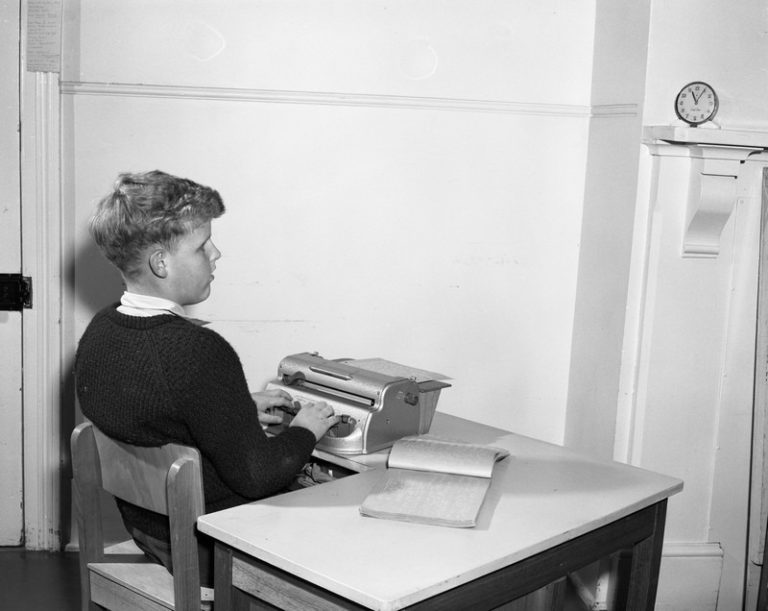 Blind & Deaf Institute, visually-impaired boy writing on a Braille ...
