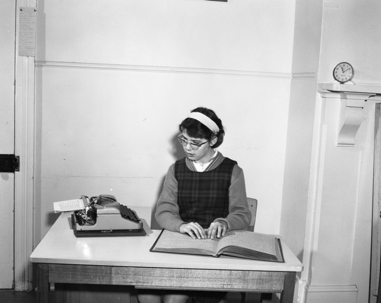 Blind & Deaf Institute, visually-impaired girl reading Braille text ...